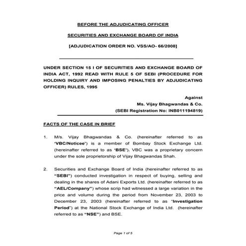 Adjudication order against Ms. Vijay Bhagwandas and Co in the matter of ...