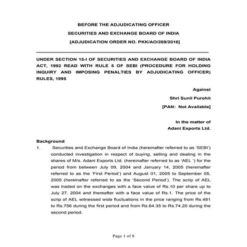 Adjudication Order against Shri Sunil Purohit in the matter of Adani ...