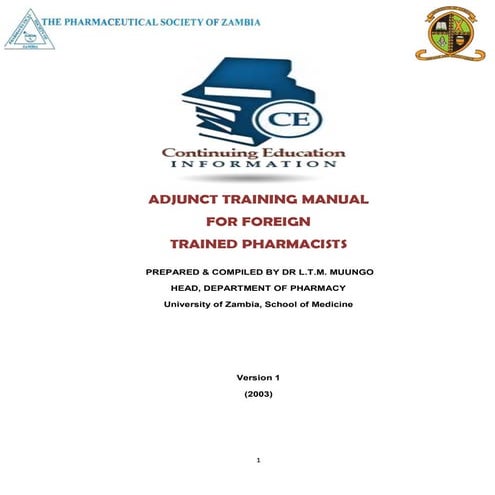 Adjunct training manual for zambian pharmacists 1 | PDF