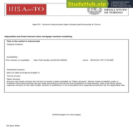 Adjustable And Fixed Interest Rates Mortgage Markets Modelling | PDF