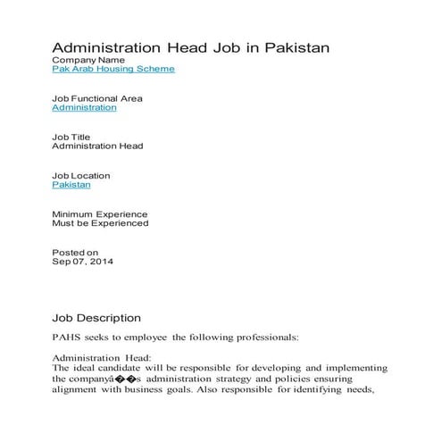 Administration head job in pakistan | DOCX