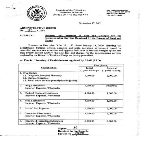 FDA Administrative order-no.-50-2001 | PDF