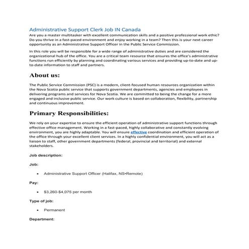 Administrative Support Clerk Job IN Canada.pdf | Human Resources | Business
