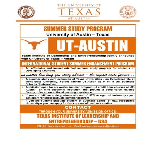 Summer Study Program at UT - Austin Admission Open | PDF