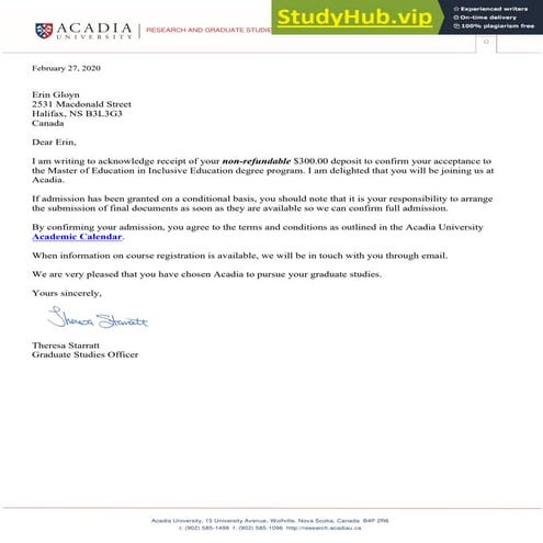 Admission Letter Acadia | PDF | Undergraduate Education | College Education
