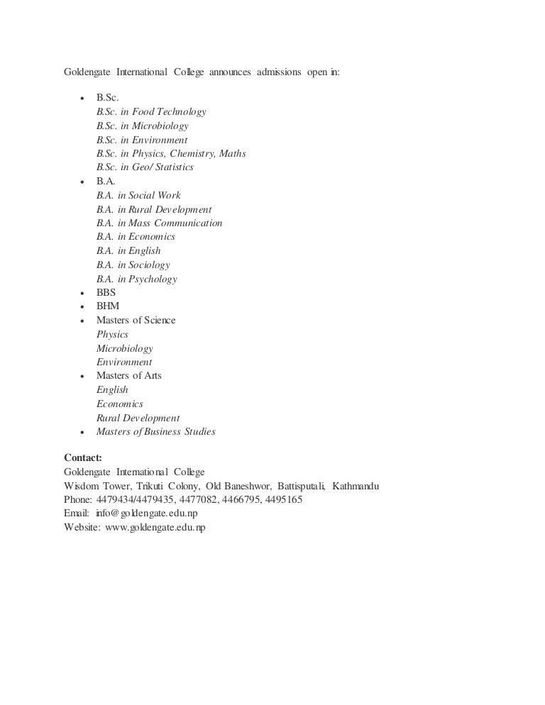 Admissions open at Goldengate International College in various progra…