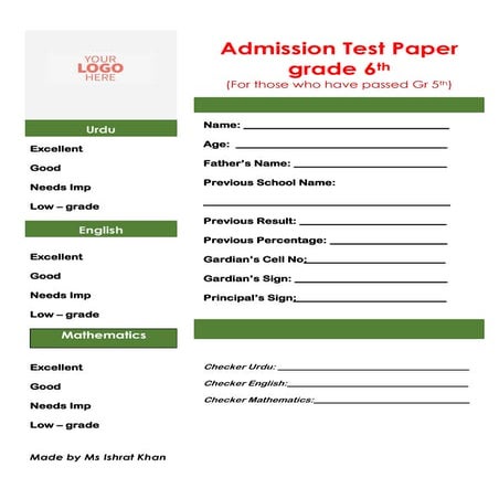 Proposed Admission test paper for gr 6 | PDF