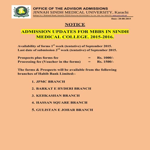 Admission updates for MBBS in Sindh Medical College | DOC