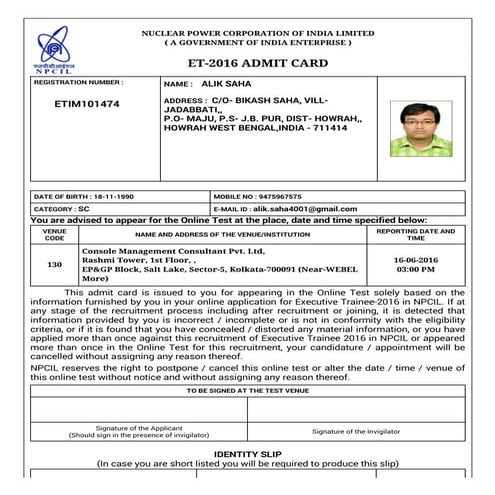Admit card for online examination | PDF