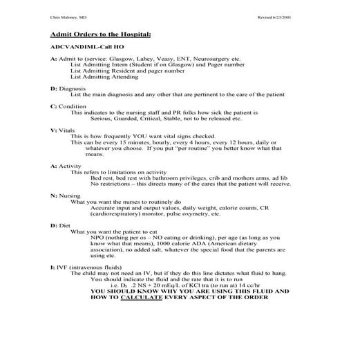 Admitting a Patient to the Hospital_Admit Orders | PDF
