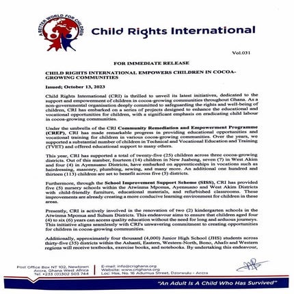 CHILD RIGHTS INTERNATIONAL EMPOWERS CIDLDREN IN COCOA- GROWING ...