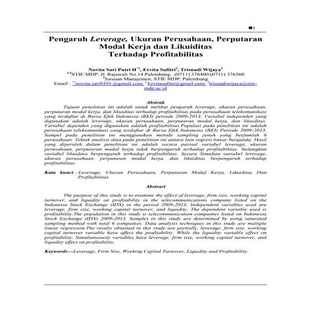 Pengaruh Leverage, Ukuran Perusahaan, Perputaran Modal Kerja dan Likuiditas terhadap ...