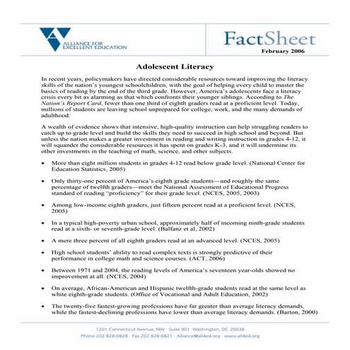 Adolescent Literacy Fact Sheet[1] | PDF