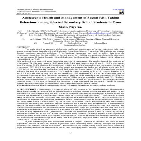 Adolescents Health And Management Of Sexual Risk Taking Behaviour Among 6645