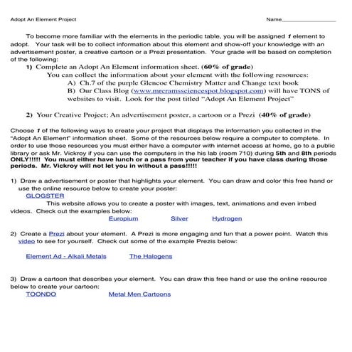 Adopt an element project | PAGES | Chemistry | Science