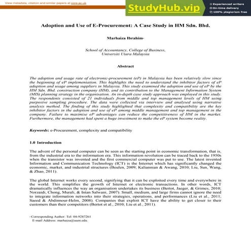 Adoption And Use Of E-Procurement A Case Study In HM Sdn. Bhd | PDF | Business Administration ...