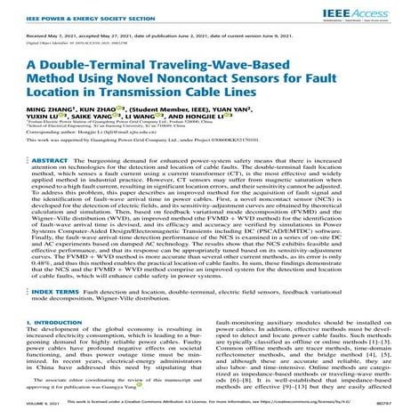 A Double Terminal Traveling Wave Based Method Using Novel Noncontact Sensors For Fault Location