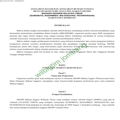 Adrt mgmp bahasa inggris wilayah timur 2010 2012 kabupaten jombang | PDF