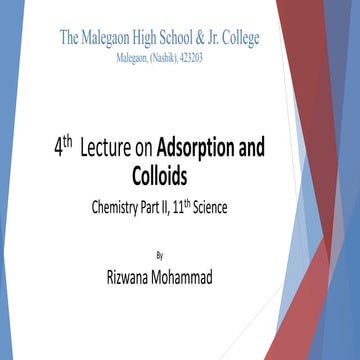 4th Lecture on Adsorption and Colloids | Chemistry Part II | 11th Std | PDF