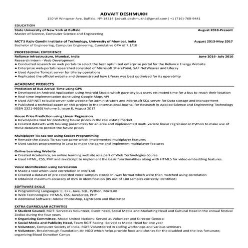 Advait Deshmukh Resume Pdf