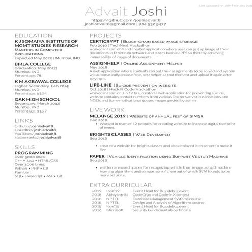 Advait Joshi Resume Pdf