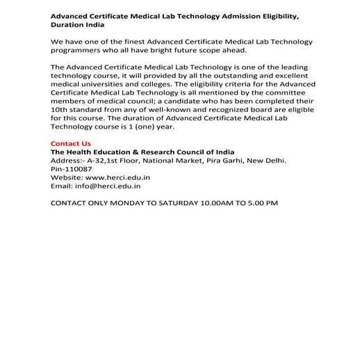 Advanced certificate medical lab technology admission eligibility ...
