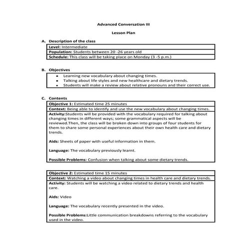 Advanced conversation iii lesson plan | DOCX