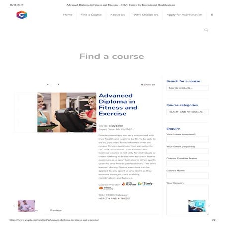 Advanced diploma in fitness and exercise – CIQ | PDF