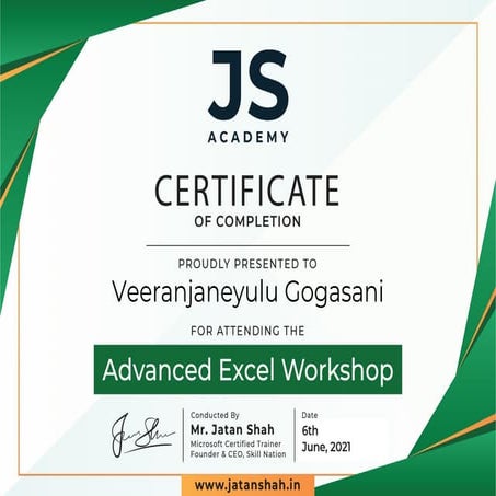 Advanced excel workshop certificate | PPT