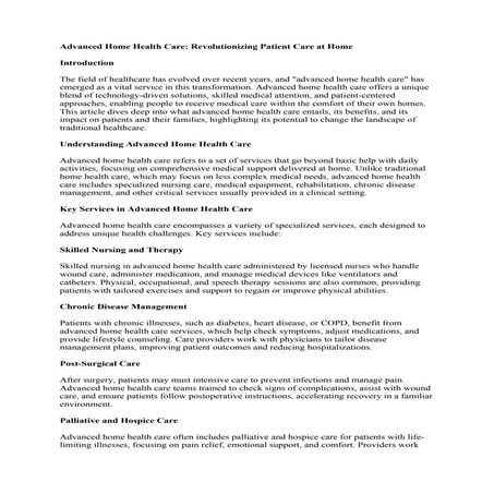 Advanced Home Health Care: Revolutionizing Patient Care at Home | PDF