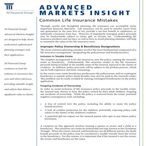 Advanced Markets Insight: Common Life Insurance Mistakes | PDF