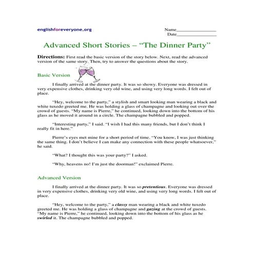 Advanced short stories with questions, the dinner party | PDF