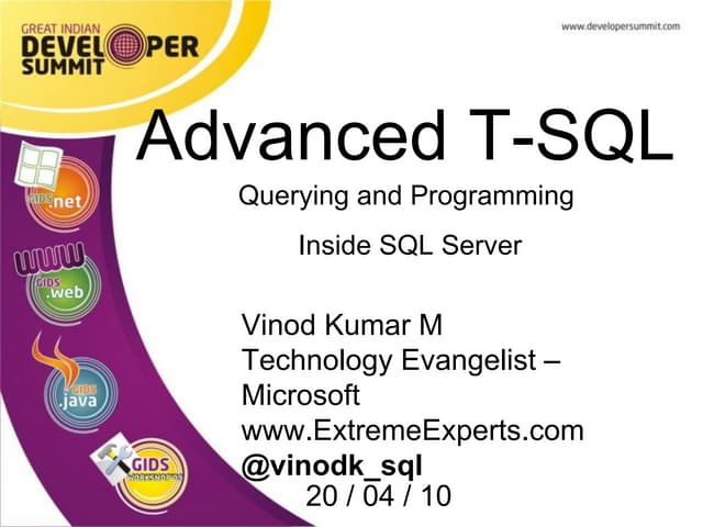 Advanced t sql - querying and programming inside sql server | PPT Advanced t sql - querying and programming inside sql server | PPT