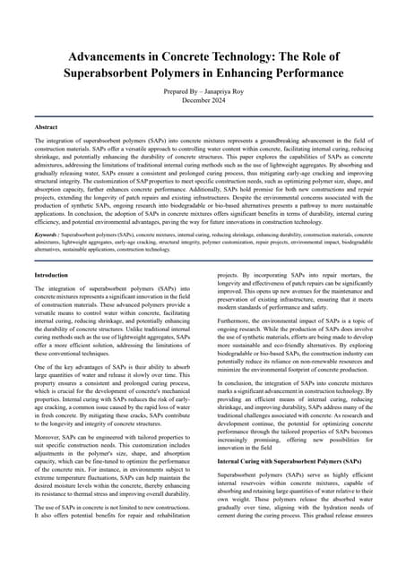 混凝土技术的进步：高吸水性聚合物在增强性能方面的作用 (Super Absorbent Polymer) | PDF