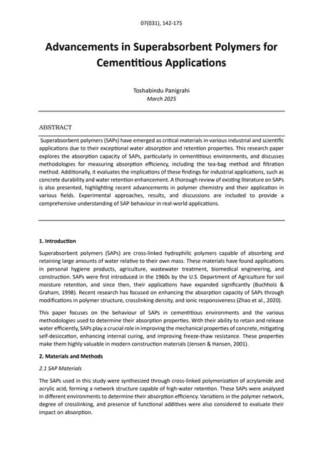 Effect of Cross-Linking Density on Swelling Behavior and Absorption ...