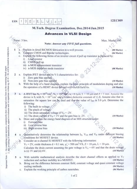 CMOS RF VLSI MTech 3rd sem VTU QUESTION PAPER 2014-15 | PDF