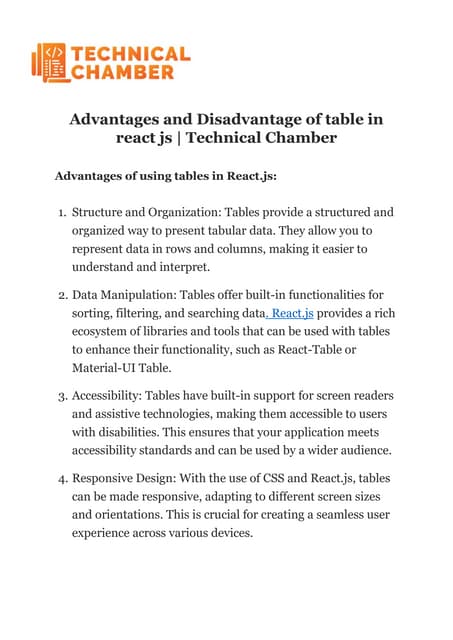 Advantages And Disadvantage Of Table In React Js Technical Chamberpdf