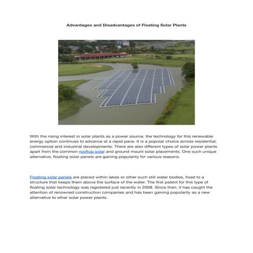 Advantages and Disadvantages of Floating Solar Plants | PDF