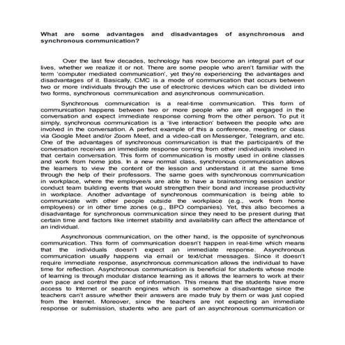 Advantages And Disadvantages Of Synchronous And Asynchronous Communication Docx