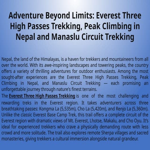 Adventure Beyond Limits Everest Three High Passes Trekking, Peak Climbing in Nepal and Manaslu ...