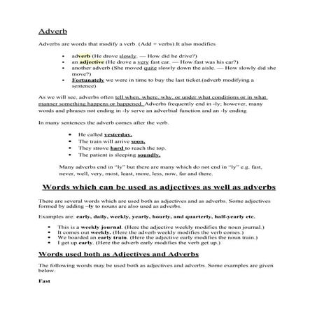 ADVERB Adverbs are words that modify a verb. (Add + verbs). | PDF