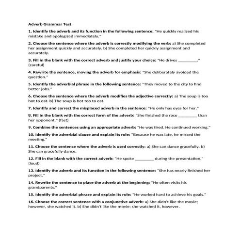 Advanced Grammar Test for Adverbs for Advanced ESL | PDF