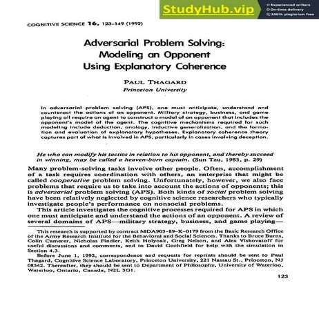Adversarial Problem Solving Modeling An Opponent Using Explanatory Coherence Pdf