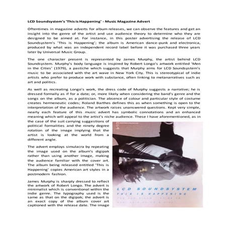 Magazine Advert Analysis - LCD Soundsystem | DOCX | Music | Entertainment