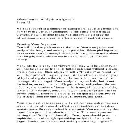 Advertisement Analysis AssignmentPaper #3We have looked at a.docx ...