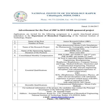 JRF for DST Project, NIT Raipur | PDF