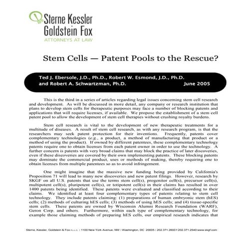 SKGF_Advisory_Stem Cells-Patent Pools to the Rescue_2005 | PDF