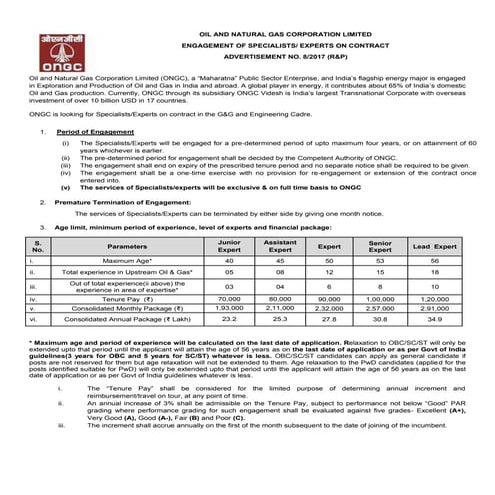 ONGC Recruitment 2017 - For 81 Lead Experts/Senior Expert | PDF