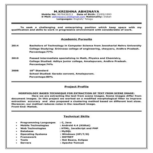 Resume | DOC | Programming Languages | Computing