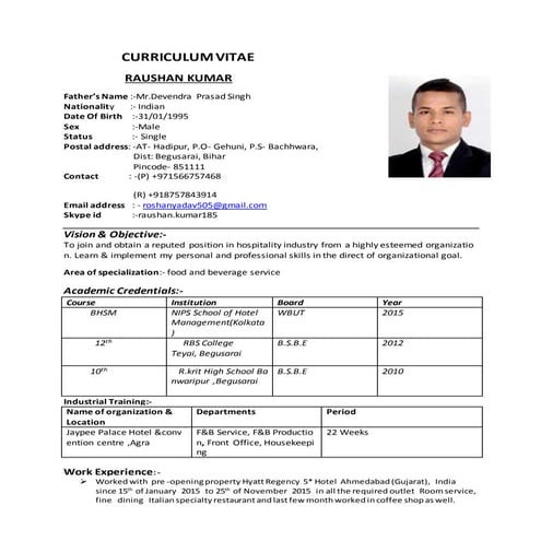 raushan update cv (1) | DOCX | Hospitality Industry | Industries